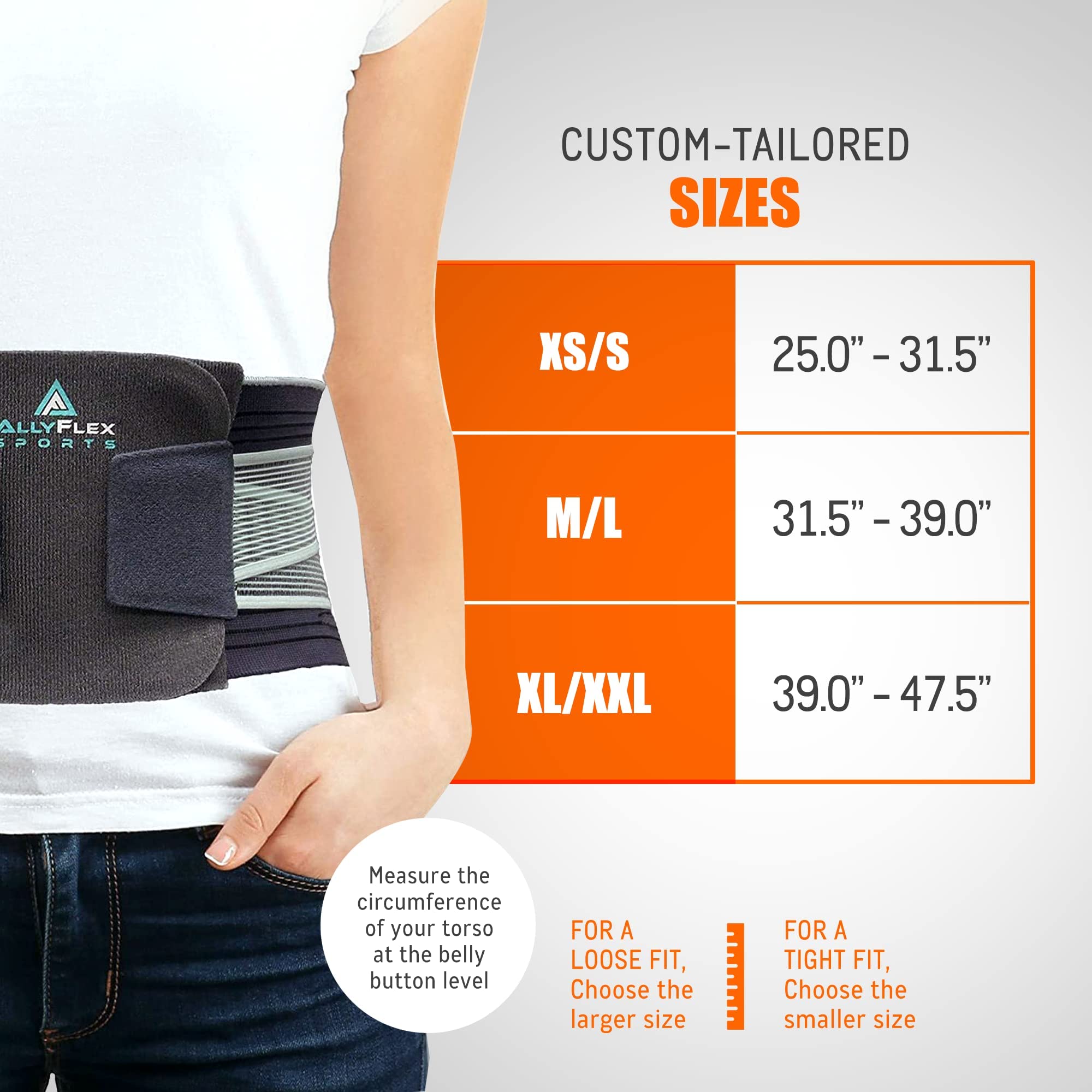 AllyFlex SportsĀ® - Lumbar Support Belt for Women for Back Pain, Slim-Fit Back Brace for Men, Breathable Compression Back Support Brace, 41.5 inches, Medium/Large