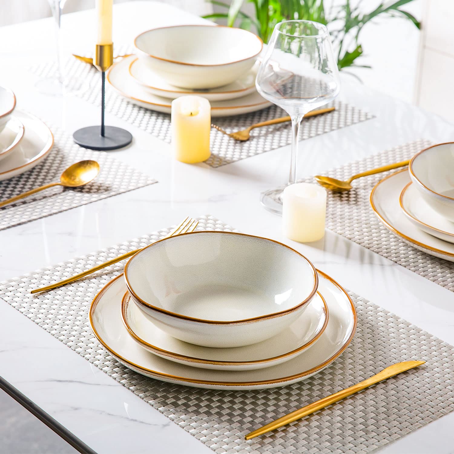 AmorArc Ceramic Dinnerware set, Service for 6 (18pcs), Stoneware Plates and Bowls Set,Highly Chip and Crack Resistant | Dishwasher & Microwave Safe,Ivory-Rustic Style