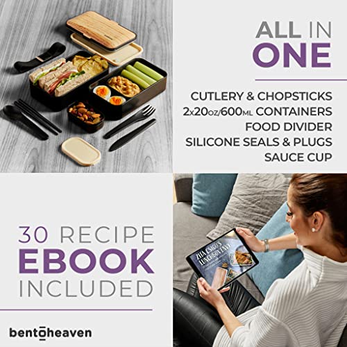 Bentoheaven Premium Bento Box Adult Lunch Box with 2 Compartments (40oz), Cutlery & Set of Chopsticks, Large Dip Container, Cute Black Japanese Bento Box, Rectangle, Microwavable (Billie Green)