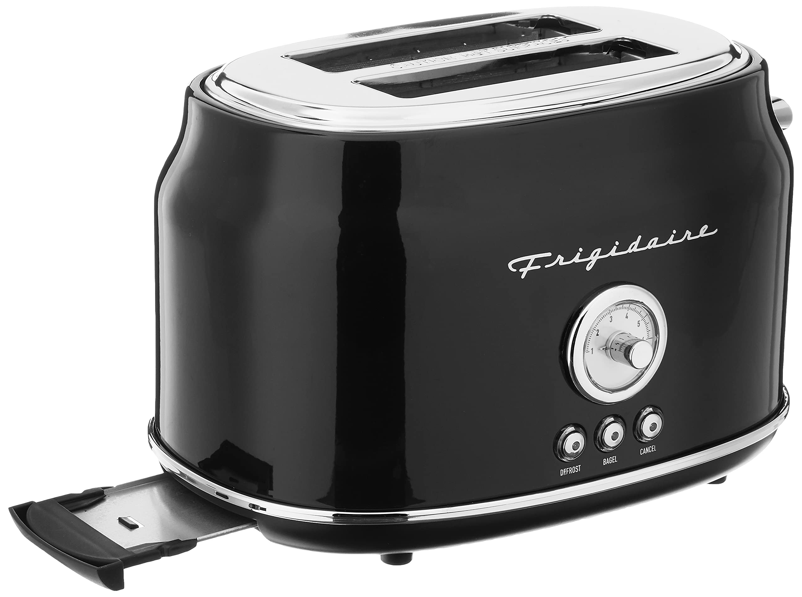 Frigidaire ETO102-BLACK, 2 Slice Toaster, Retro Style, Wide Slot for Bread, English Muffins, Croissants, and Bagels, 5 Adjustable Toast Settings, Cancel and Defrost, 900w, Black