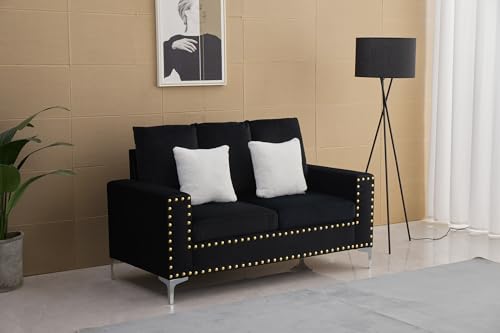 Velvet Small Loveseat Sofa Modern Sectional Couch with Square Armrest Rivets 2 Pillows for Living Room Black