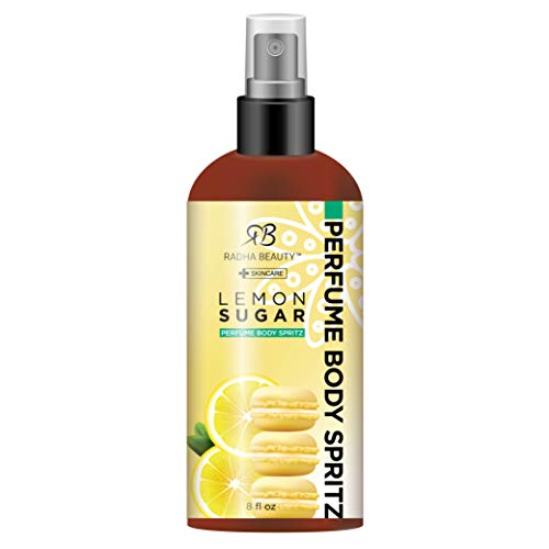 Radha Beauty Perfume Body Spritz, 8 oz. - Essential Oil Blend Fragrance Mist Spray for Face, Body, Rooms, Linens (Lemon Sugar)