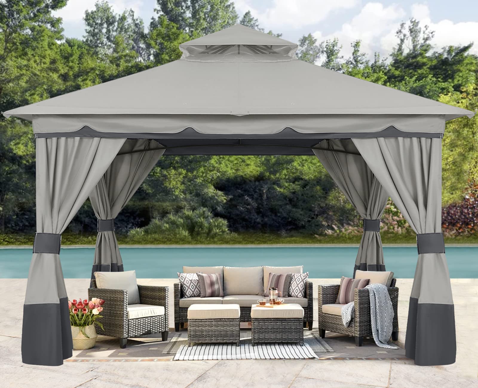 ABCCANOPY 10'x12' Outdoor Gazebo, Double Roof Patio Gazebo with Shade Curtains, Light Gray