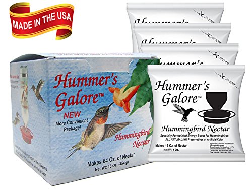 Hummer's Galore Hummingbird Food - Ready-to-Mix Hummingbird Nectar, All-Natural Nectar Collector Formula, 4 Packets, Makes 64 Ounces, No Preservatives or Dyes
