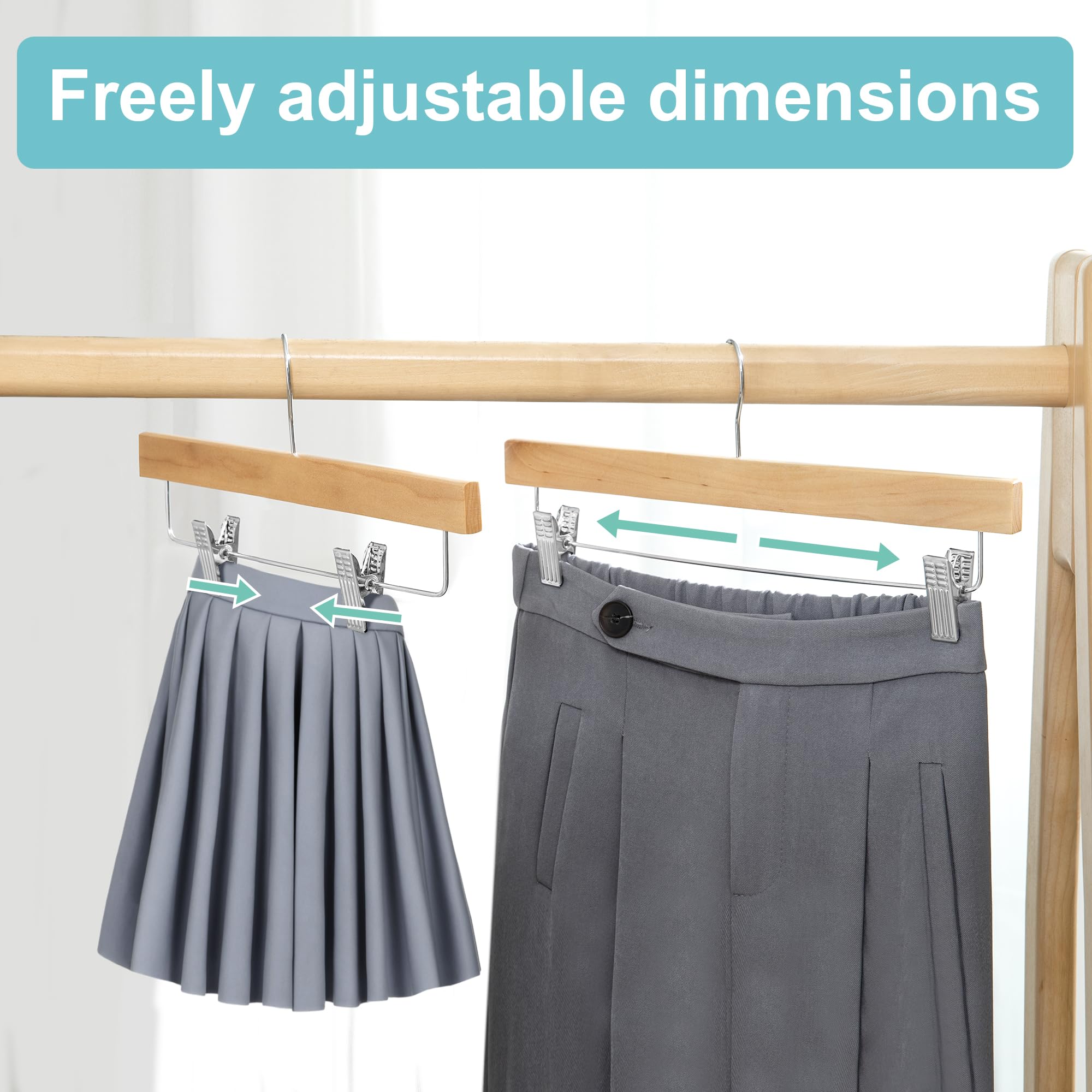 BAGAIL Wooden Pants Hangers with Adjustable Clips, 360°Swivel Hook Space Saving Skirt Holders with Anti-Rust Clips for Trousers, Jeans, Shorts (20Pack Natural)