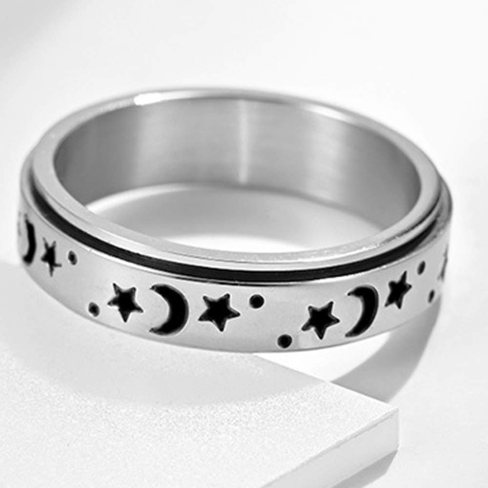 7mm Stainless Steel Star Moon Pattern Rotating Spinner Wedding Band Statement Promise Ring (Silver, 6)