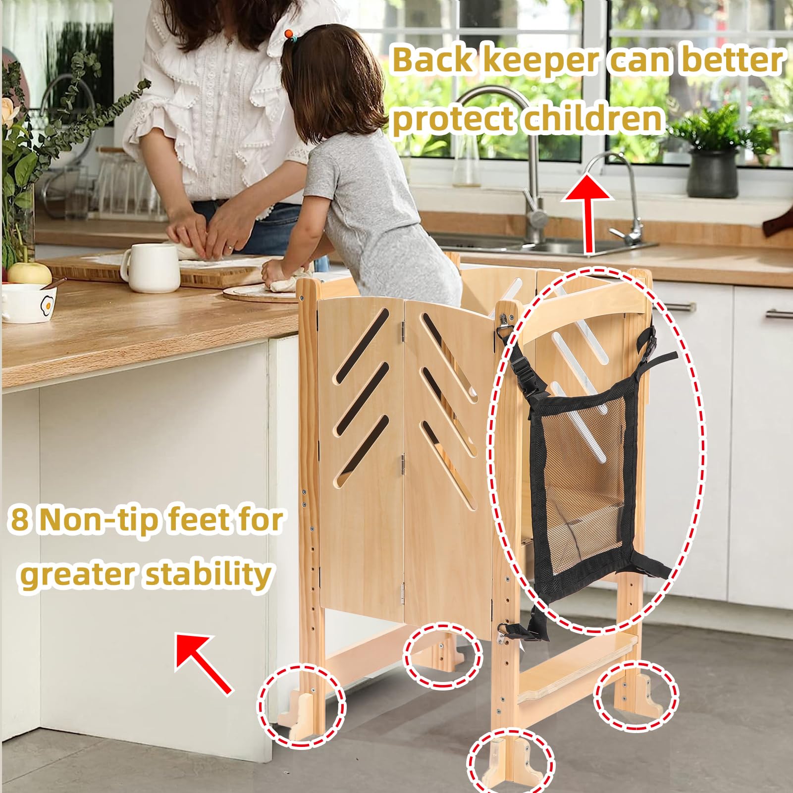 Foldable Toddler Kitchen Step Stool with 5-Level Height Adjustment,with Keeper and Graffiti Drawing Board .Wooden Toddler Tower for Toddlers Over 18 Months Old .(Natural)