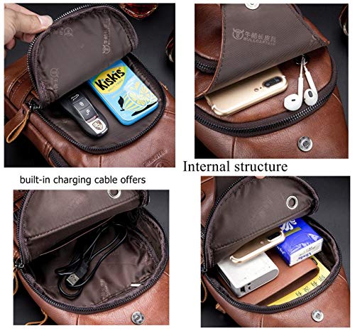BULLCAPTAIN Genuine Leather Mens Sling Bag Multipurpose Travel Crossbody Chest Bag Daypacks with USB Charging Port (Brown)