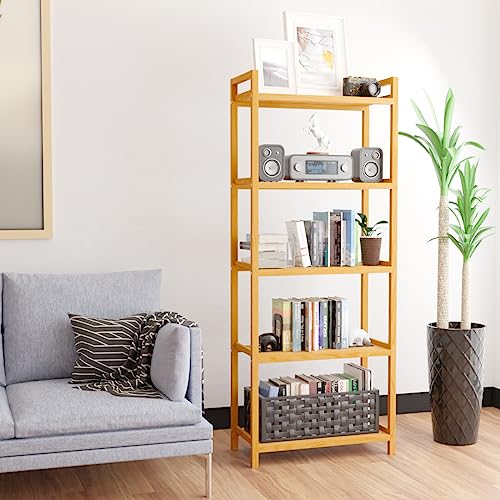 BeiBeGood Bookshelf, 5-Tier Bamboo Ladder Shelf 49” Tall Book Shelf Organizer, Free Standing Storage Unit for Bathroom/Living Room/Bedroom/Kitchen/Office,Rust Resistance,Natural