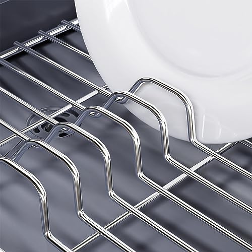 Dish Drying Rack - Expandable Dish Racks - Large Stainless Steel Dish Drainer for Kitchen Counter with Utensil Holder and Cup Holder, Grey
