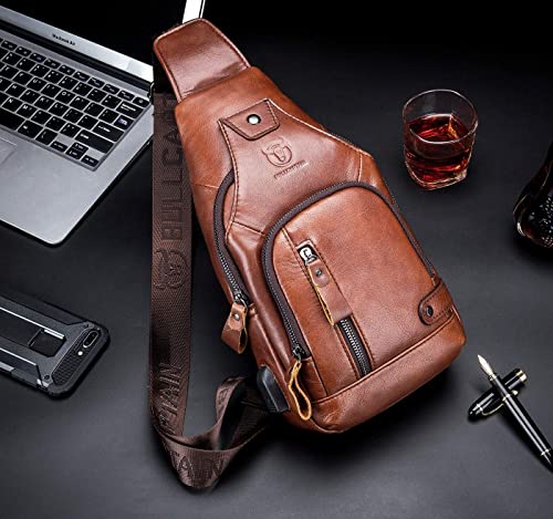 BULLCAPTAIN Leather Men Sling Bags Travel Crossbody Chest Bag Hiking Daypack with USB Charging Port Multi-Pocket