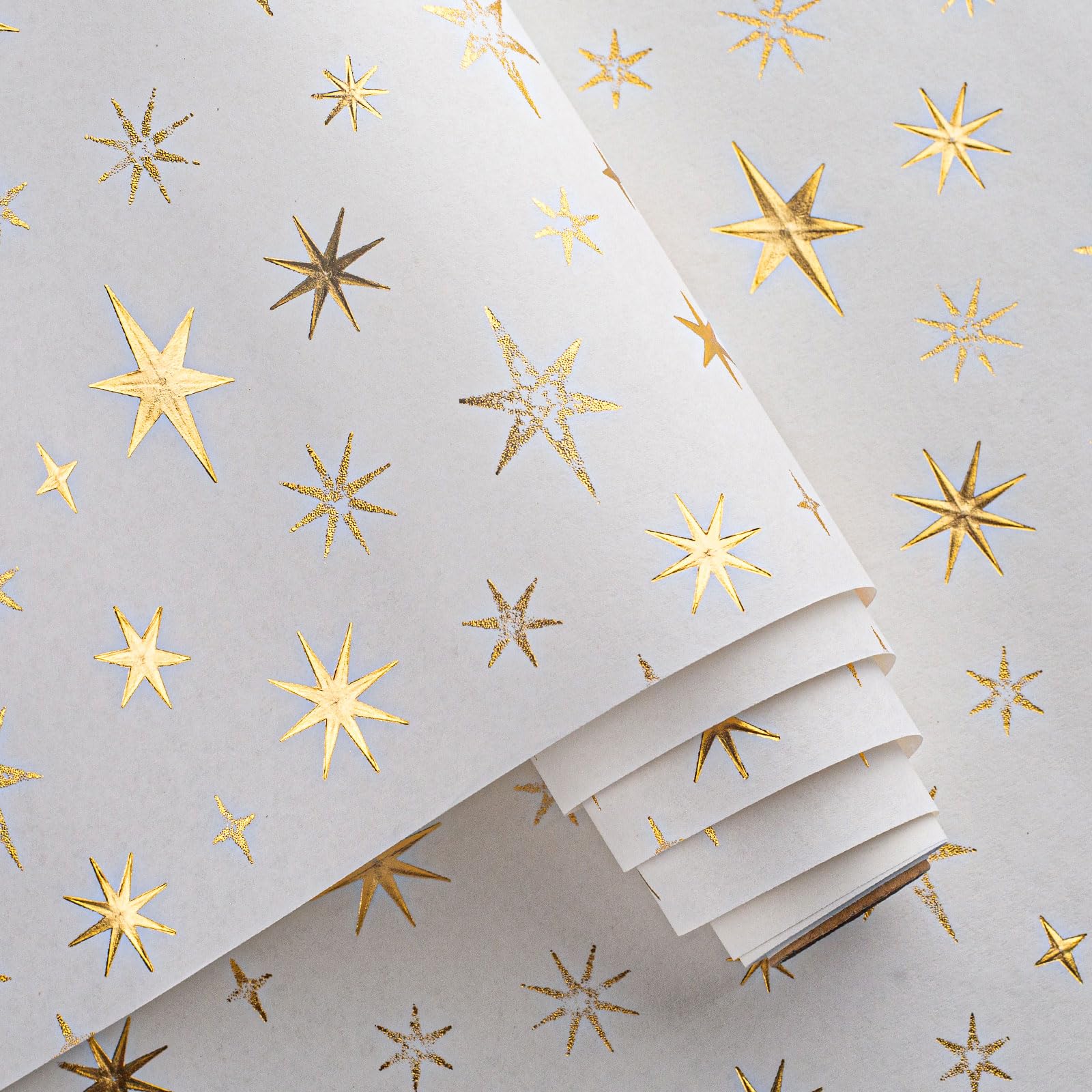 Flyhill White Wrapping Paper-17inch*197inch( 23.4sq.ft.ttl Per Roll - White Gold 3D Embossed Foil Star Pattern for Christmas,Birthday, Party,Wedding,Bridal Shower Shower,Thanksgiving
