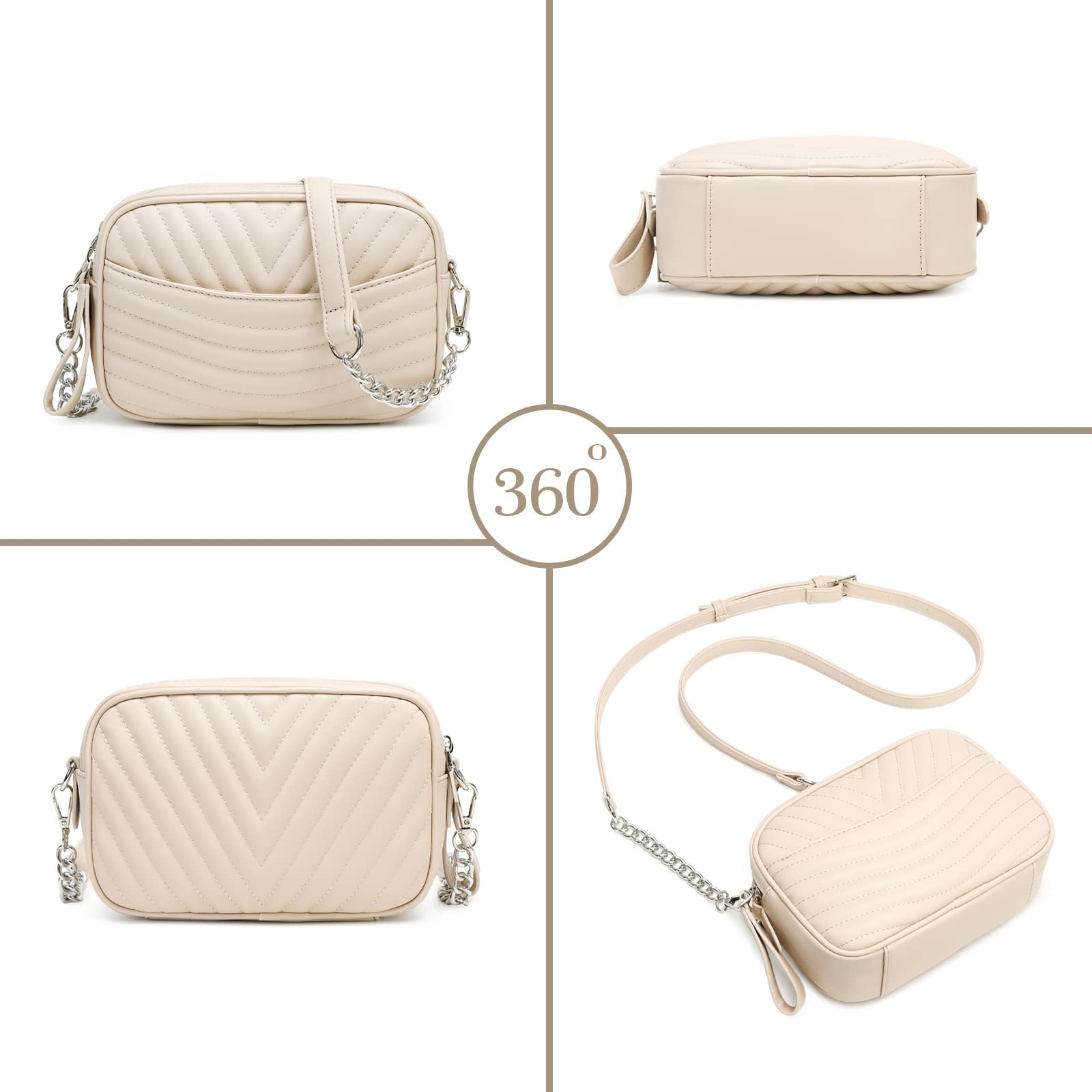 Crossbody Bags For Women, Small Quilted Purses Lightweight Camera Bag Stylish Double Zipper Shoulder Purse And Handbags Beige