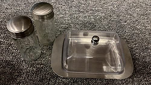 ALL GREEN Butter Dish with Lid and Knife Stainless Steel Metal Saucer with Unbreakable Clear Plastic Lid Covered Butter Dish Deluxe Butter Keeper Container & Spreading Knife(Clear+Salt+Pepper)