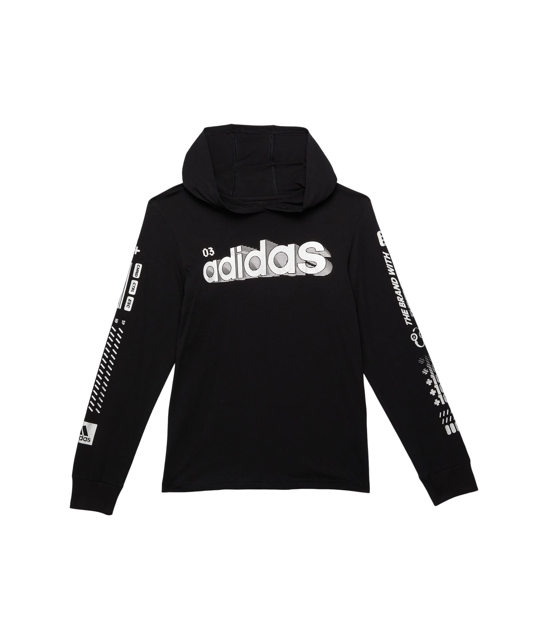 adidas Boys' Long Sleeve Cotton Linear Logo Hooded T-Shirt, Black with Silver, X-Large (18/20)