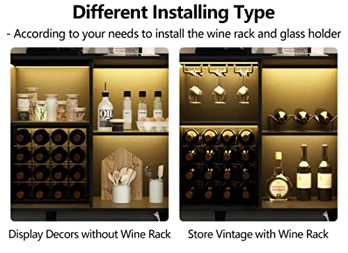 Auromie Wine Bar Cabinet with Led Light, Home Coffee Cabinet with Wine and Glass Rack, Kitchen Buffet Sideboard with Storage Shelves, Freestanding Liquor Cabinet for Living Room, Dining Room (Black)