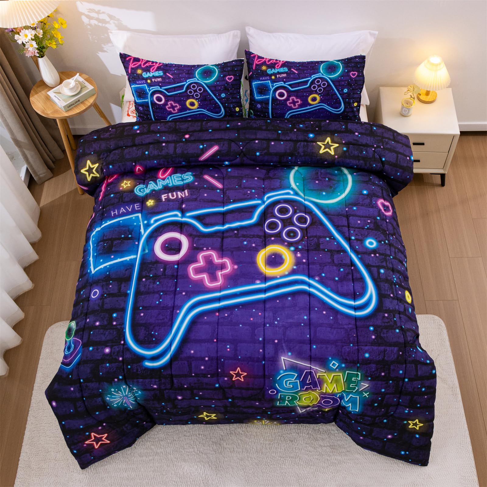 Aimuan Gamer Bedding Sets for Boys Kids Gaming Comforter Sets Video Games Console Action Buttons Gamepad Controller Comforter for Kids Bedroom Decor (Twin, Purple)