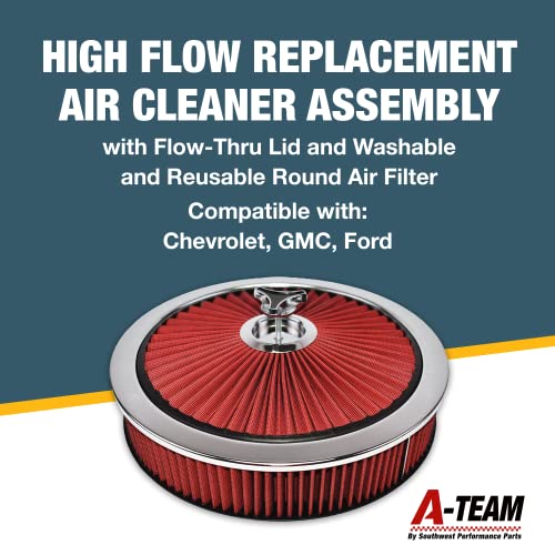 A-Team Performance - High Flow Replacement Air Cleaner Assembly w/Flow-Thru Lid Washable and Reusable Round Air Filter Element Kit with Star Wing Nut - Compatible with Chevrolet GMC Ford 14"x3" Red