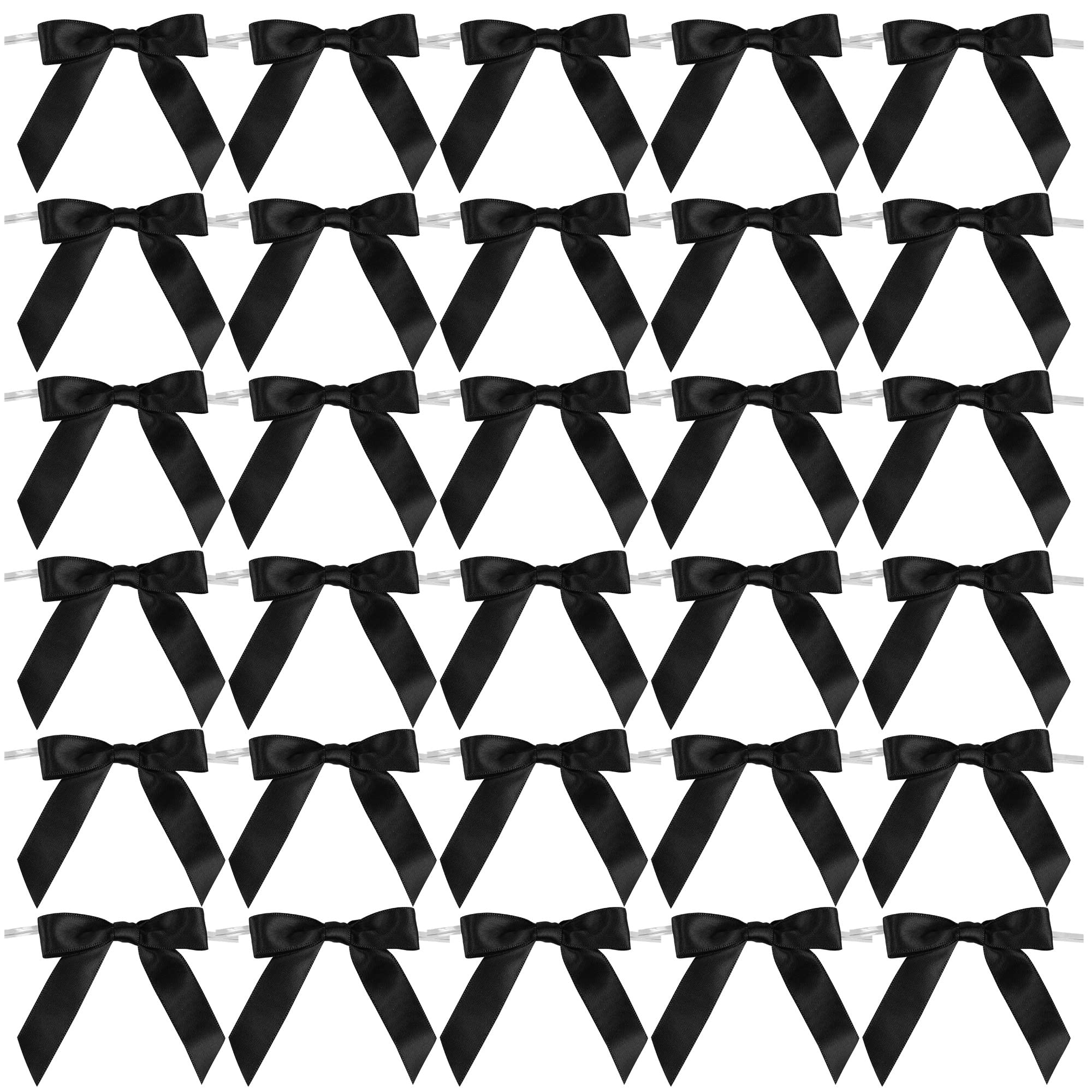 AIMUDI Black Bows for Gift Wrapping 2.5" Premade Black Twist Tie Bows for Crafts Pre-Tied Black Satin Ribbon Bows Small Gift Bows for Treat Bags Party Favors Wedding Decorations - 50 Counts