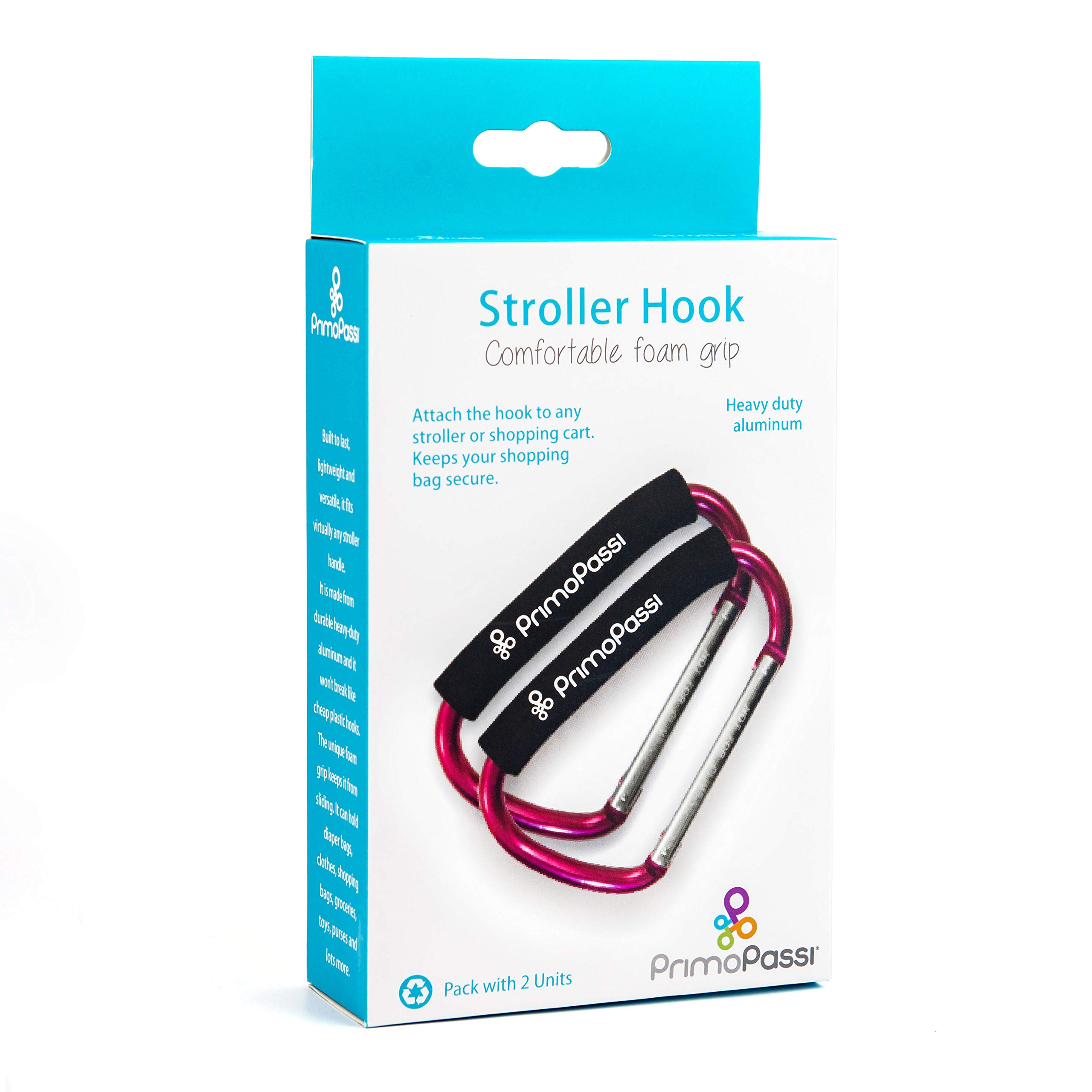 Primo Passi - Large Stroller Hook | 2 Large Stroller Organizer Hook Clip for Purse Shopping and Diaper Bags | Stroller Hanger - Pink