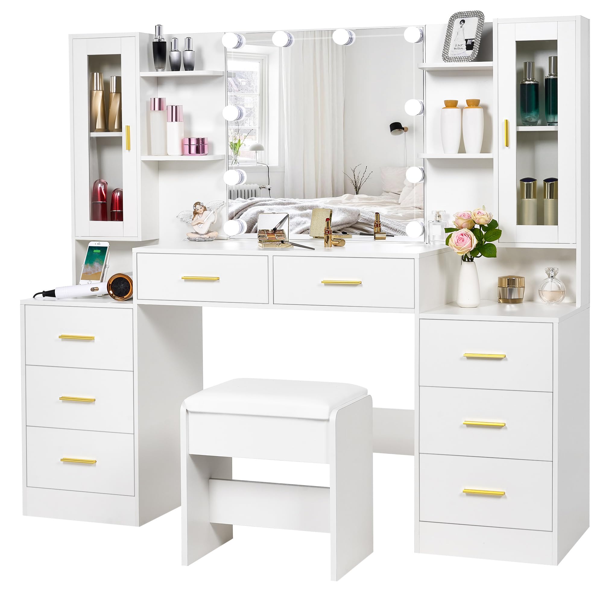 ANWBROAD 59.1" Large Vanity Desk Table with Mirror & Lights White Makeup Vanity with Power Outlet and 8 Drawers 2 Cabinets 3 Lighting Modes Adjustable Vanity Table for Bedroom Dressing Room UBDT67W