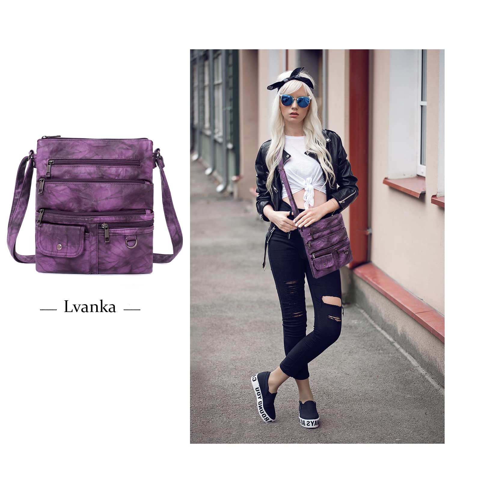 Crossbody Purses for Women Double Zipper Pockets Soft Vegan Leather Shoulder Bag with Adjustable Strap (Purple)