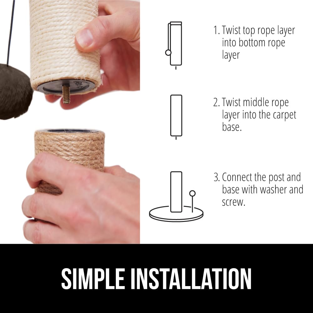 Gorilla Grip Heavy Duty Cat Scratching Post, All Natural Rope, Plush Carpet Secure Base Indoor Scratcher Cats, Kitten Nail File Tower, Spring and Rope Balls, Tall Sturdy Toy for Adults, Small Gray