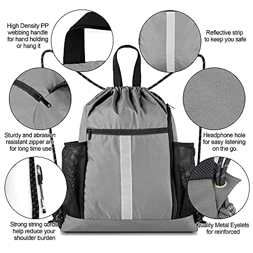 BeeGreen Grey Drawstring Bag Pack Gym Sackpack w Shoe Compartment Two Water Bottle Holder Portable String Sinch Sack for Gymnastic Athletic Beach Travel