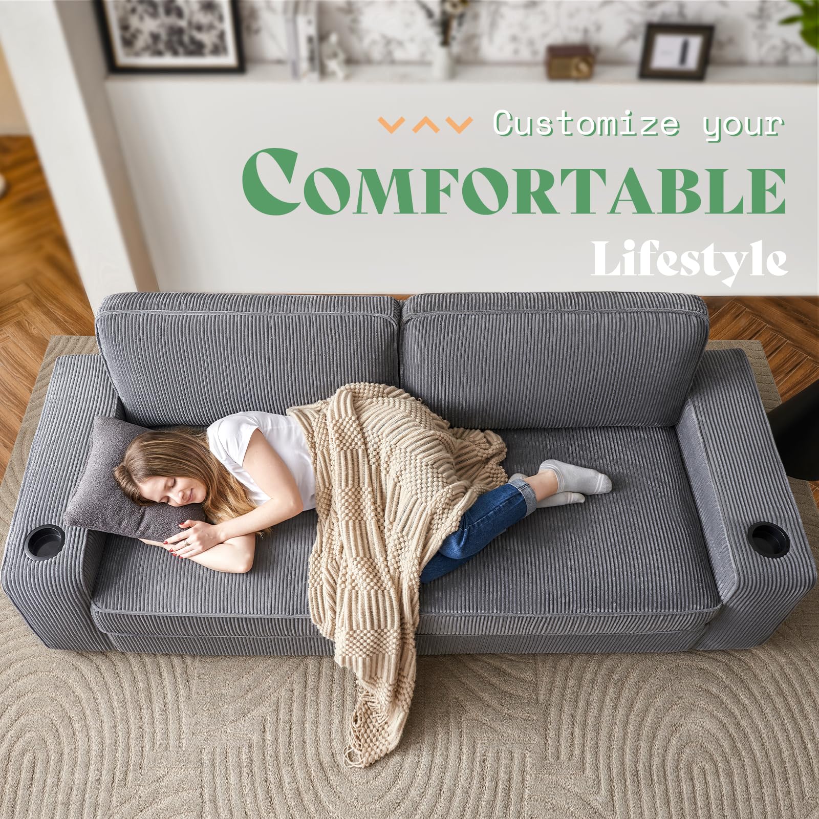 AMERLIFE Couch, 89 inch Sofa Couch- Deep Seat Sofa with 2 USB Charging Ports & 2 Cup Holders, 3 Seater Couch with Grey Corduroy, Modern Sofas for Living Room