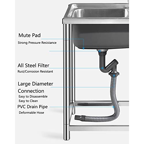 Commercial 304 Stainless Steel Sink - Kitchen Sink Station with Deep Basin Bowl - Utility Sink for Home Laundry Room Garage Bar Restaurant (Color : Silver, Size : 47x42x80cm)