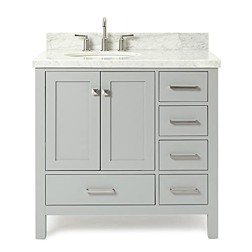 ARIEL 37" Grey Bathroom Vanity with 1.5" Edge Italian Carrara Marble Countertop & Backsplash, Left Oval Sink, 2 Soft Closing Doors, 5 Full Extension Dovetail Drawers, Brushed Nickel