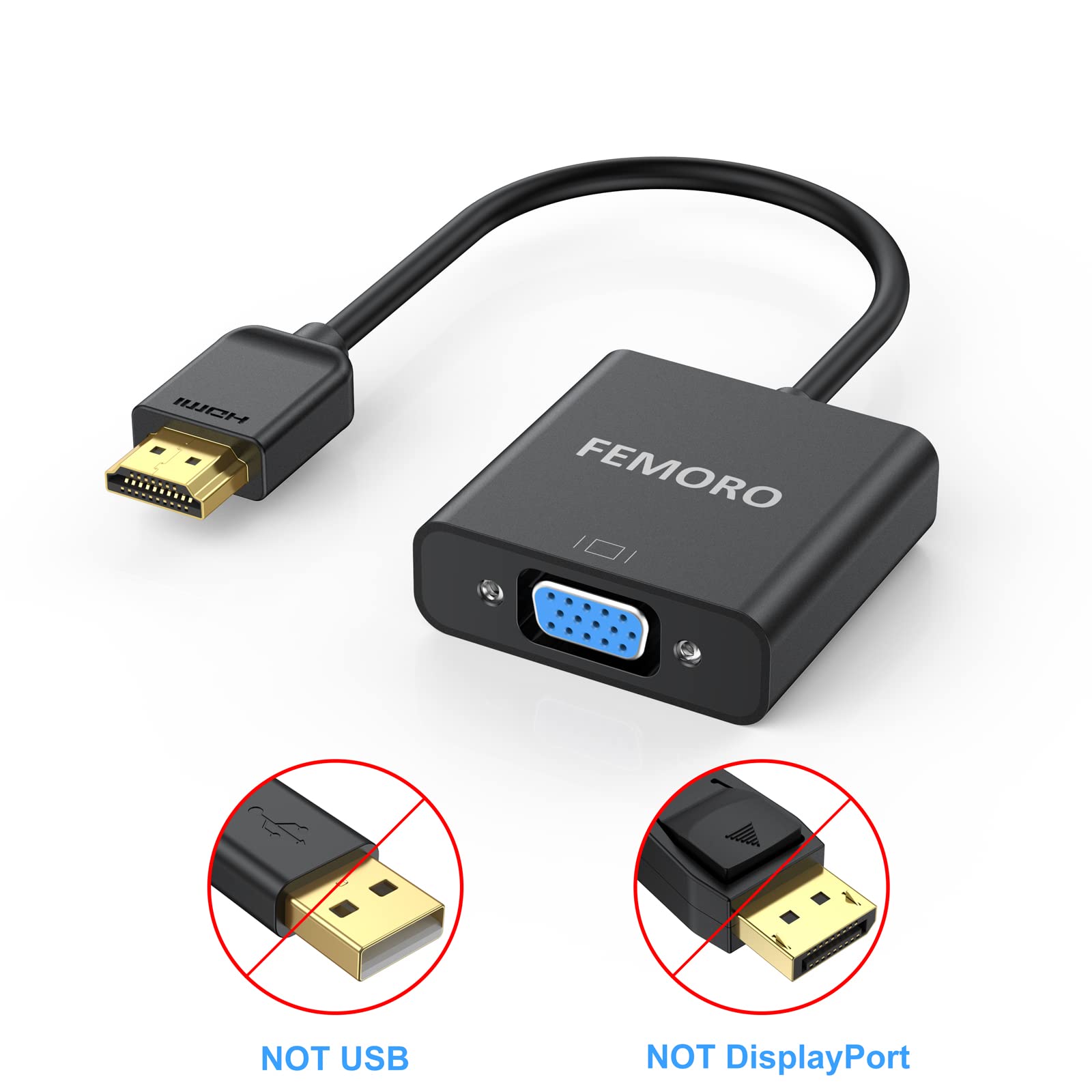 FEMORO HDMI to VGA Adapter Converter 5-Pack (Male to Female) for Computer, Desktop, Laptop, PC, Monitor, Projector, HDTV, Chromebook, Raspberry Pi, Roku, Xbox and More - Black