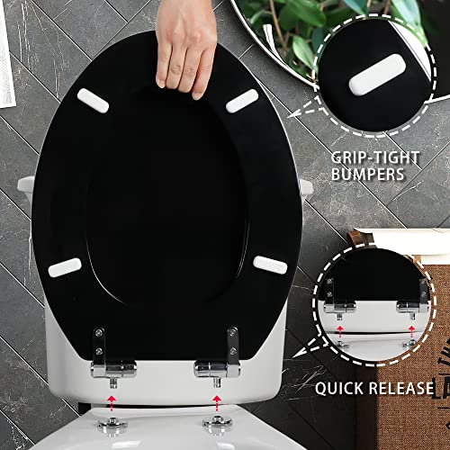 Angel Shield Toilet Seat with Zinc Alloy Hinges Quiet-Close Quick-Release Wood Molded UV Lid Easy Clean(Elongated,Black)