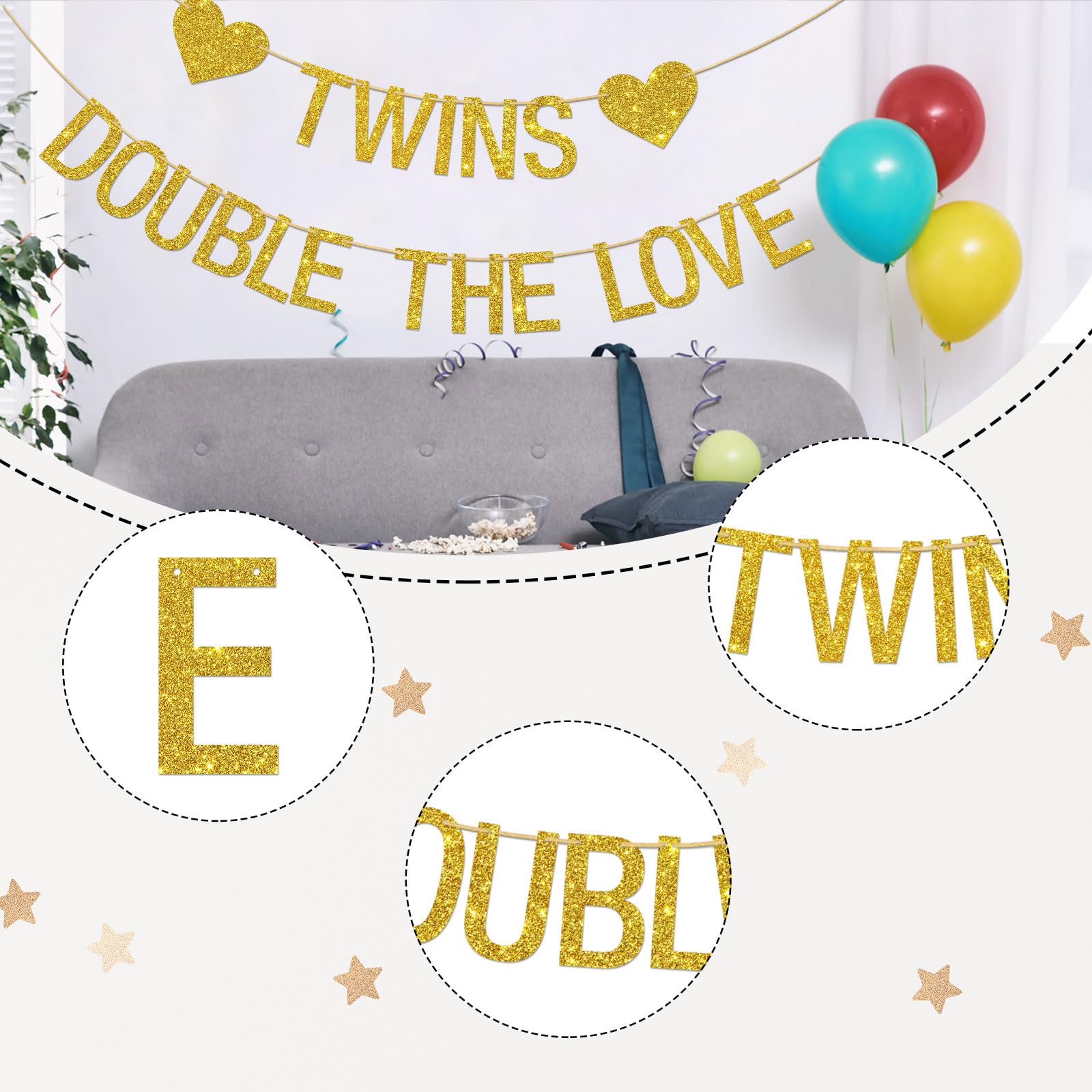 Ambishi Twins Double The Love Banner, Twins Baby Shower/Twins Birthday/Engagement/Wedding Party Decorations (Gold Gliter)
