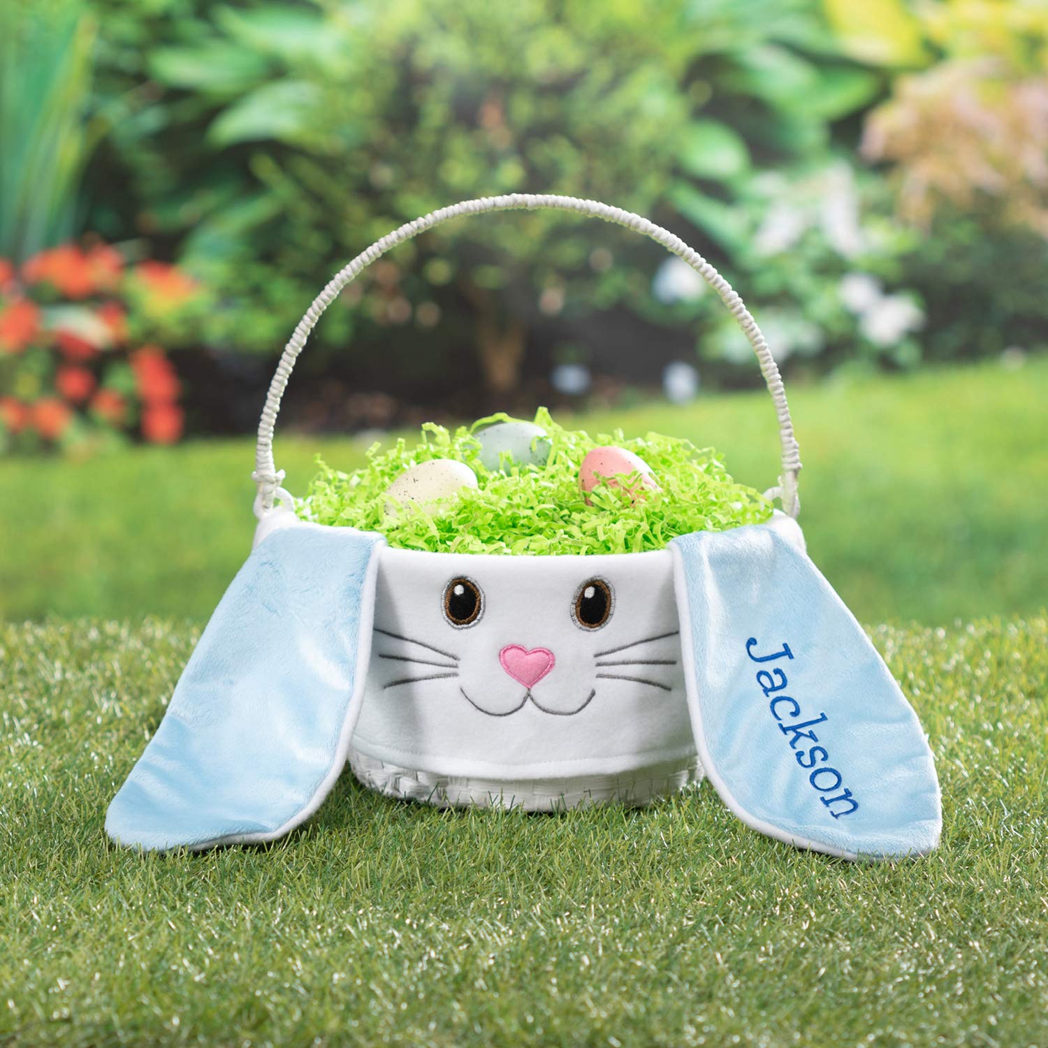 Personalized Floppy Ear Easter Egg Basket with Handle and Custom Name | Boy Bunny Easter Basket Liners | White Basket | Woven Easter Baskets for Kids | Customized Easter Basket | Gift for Easter