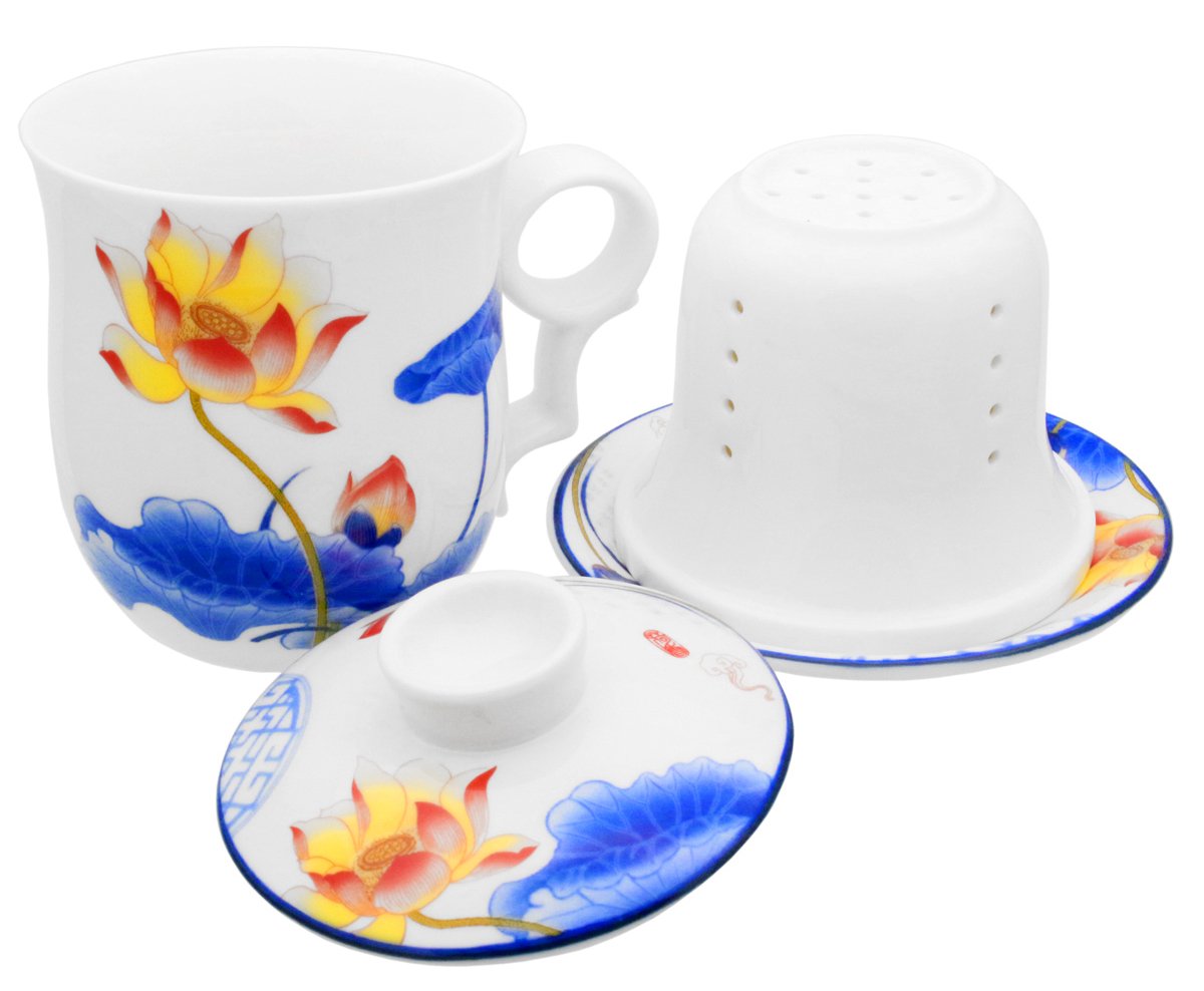 Ameolela Porcelain Tea Cup with Infuser Lid and Saucer Sets - Chinese Jingdezhen Ceramics Coffee Mug Teacup Loose Leaf Tea Brewing System for Home Office