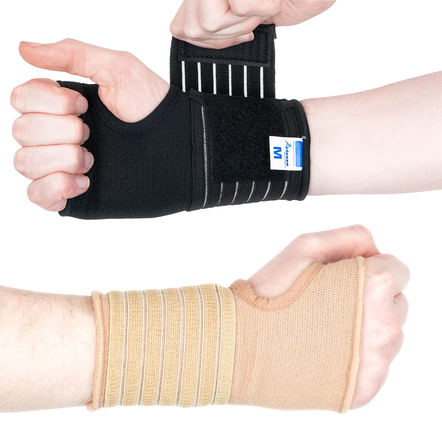 Actesso Elastic Wrist Support with Strap - Ideal for Sprains, Injury or Sports Use with no Metal bar - Support Without inhibiting Flexibility | Left or Right (Beige, Medium)