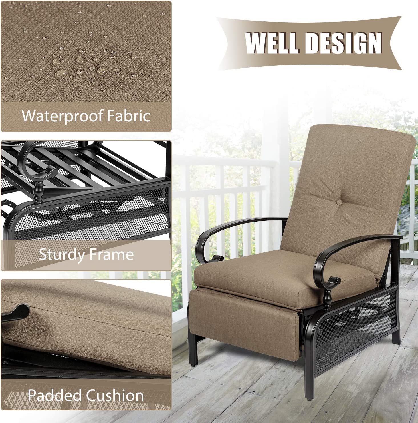 Betterland Outdoor Lounge Chair Set of 2 Metal Adjustable Patio Recliner Chair with Strong Extendable Frame and Thickened Removable Cushions, Beige
