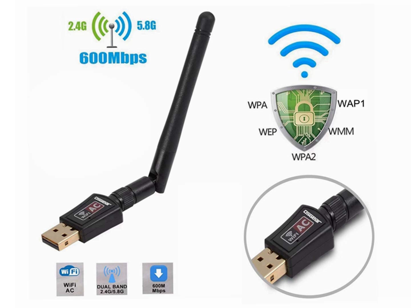 OSGEAR USB WiFi Adapter 600Mbps Wireless Card Network Dongle for PC Laptop Desktop with High Gain 5dBi Antenna Dual Band 802.11a 2.4GHz 150Mbps 5GHz 433Mbps Supports Win10 8 7 XP Vista Mac OS Linux