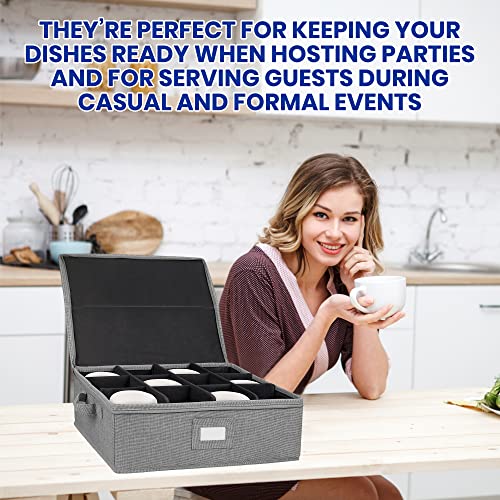 China Storage Containers for Mugs and Cups | 12 Slot Teacup Storage with Lid and Handles | Hard Fabric China Chest and Storage Box for Moving, Coffee