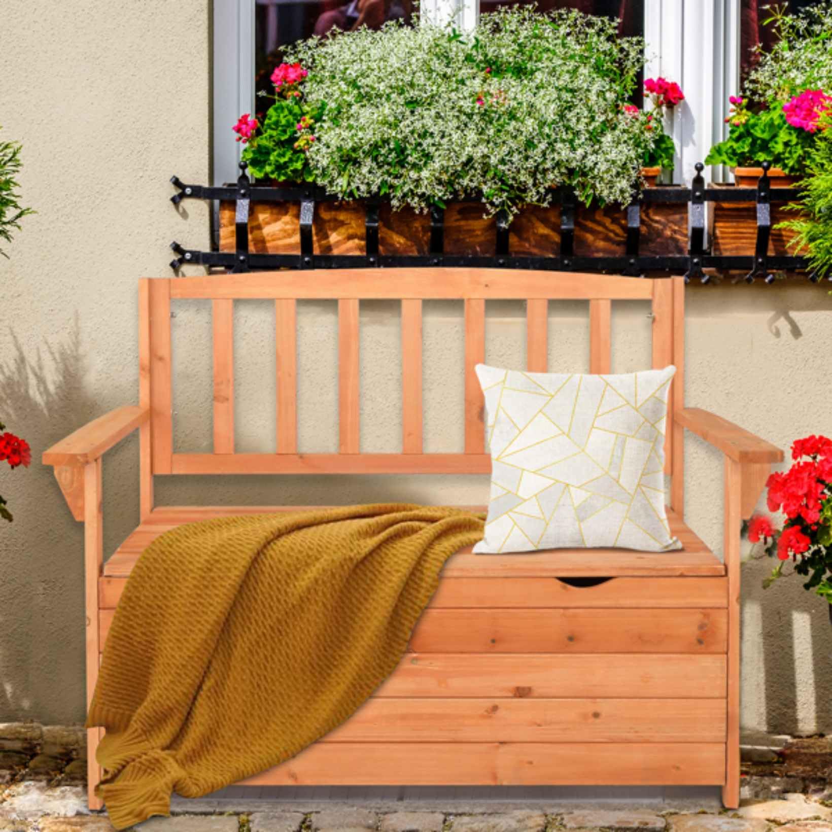 HMXD Cedar Wood Deck Box Bench, Storage Box with Backrest Armrest, All-Weather Yard Container Furniture for Tools, Toys, Outdoor Storage Bench Deck Box w/Seat for Backyard, Porch, Patio, Garden