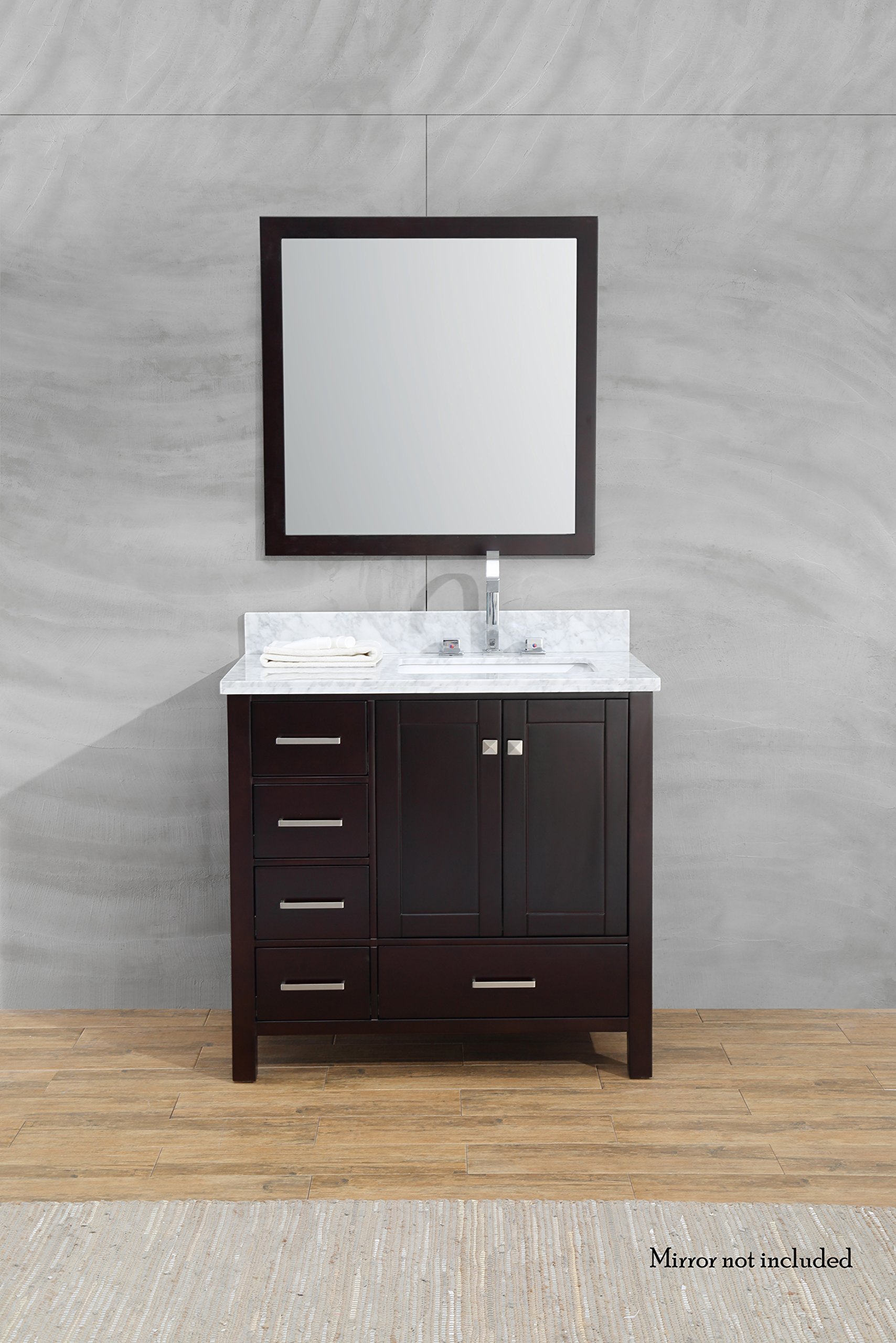 ARIEL Cambridge A037SRCWRVOESP 37” Inch Single Right Offset Rectangular Sink Solid Wood Espresso Bathroom Vanity with 1.5" Inch Edge White Carrara Marble Countertop