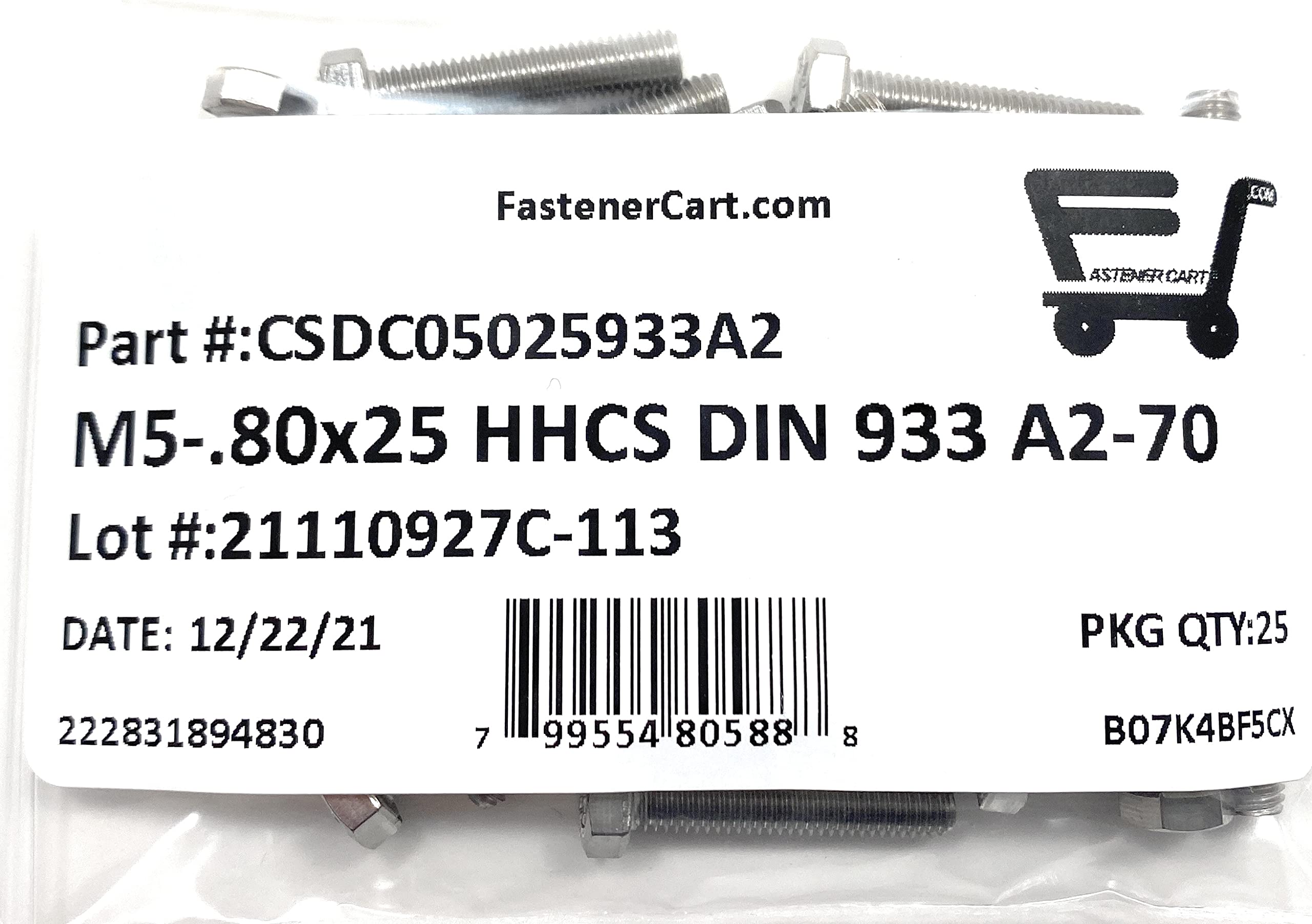 M5-.80 X 25 Hex Head Cap Screw Hex Bolts DIN933 (M5x25) Full Thread A2-70 Stainless Steel (25 Pieces)