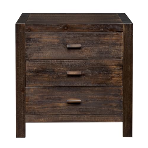 Karl home Farmhouse Nightstand with Charging Station, Solid Pine Wood 3 Drawer Night Stands for Bedroom, Bedside Table with 2 USB Ports & 2 AC Outlets, Vintage End Tables, Brown