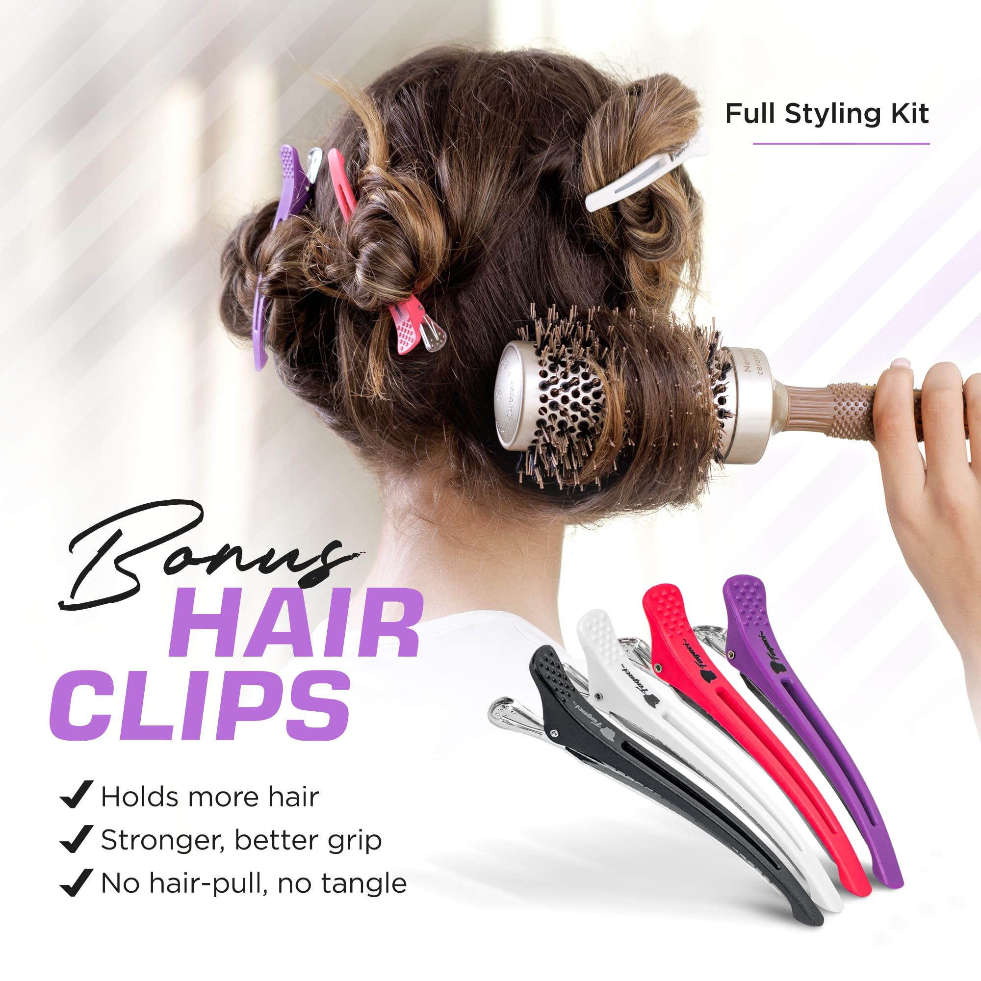 Fagaci Professional Large Round Brush with Natural Boar Bristles for Blow Drying, Nano Technology Ceramic+Ionic for Hair Styling, Volumizing and Healthy Hair - 4 Styling Clips Included