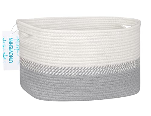 LANGYASHAN Rectangular Woven Rope Basket Decorative Blanket Basket for Living Room Storage or Nursery Laundry Basket Basket with Invisible Handles Laundry Hamper(Gray Invisible Handle)