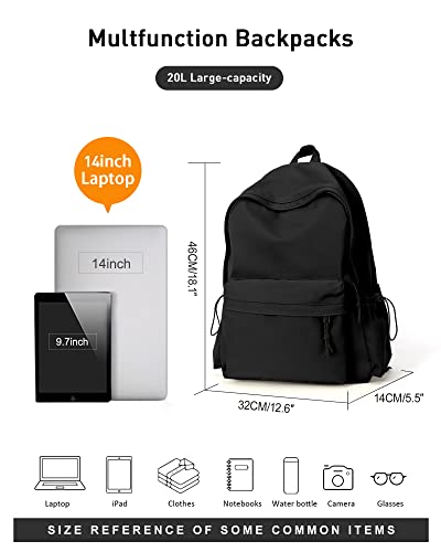 Black Backpack for Women Men, Waterproof High School Bookbag,Lightweight Casual Travel Daypack,Classic Basic College Backpack,Middle School Bag for Teen Girls Boys