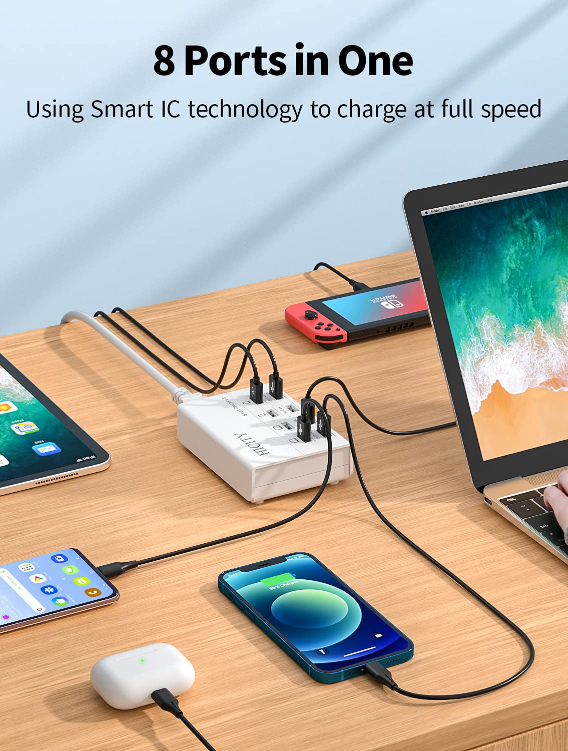 USB Charging Station, 8-Port USB Charger Hub 50W/10A Multi Port Charger for Phone iPad Tablet Multiple Devices (5ft Detachable Cord, White)