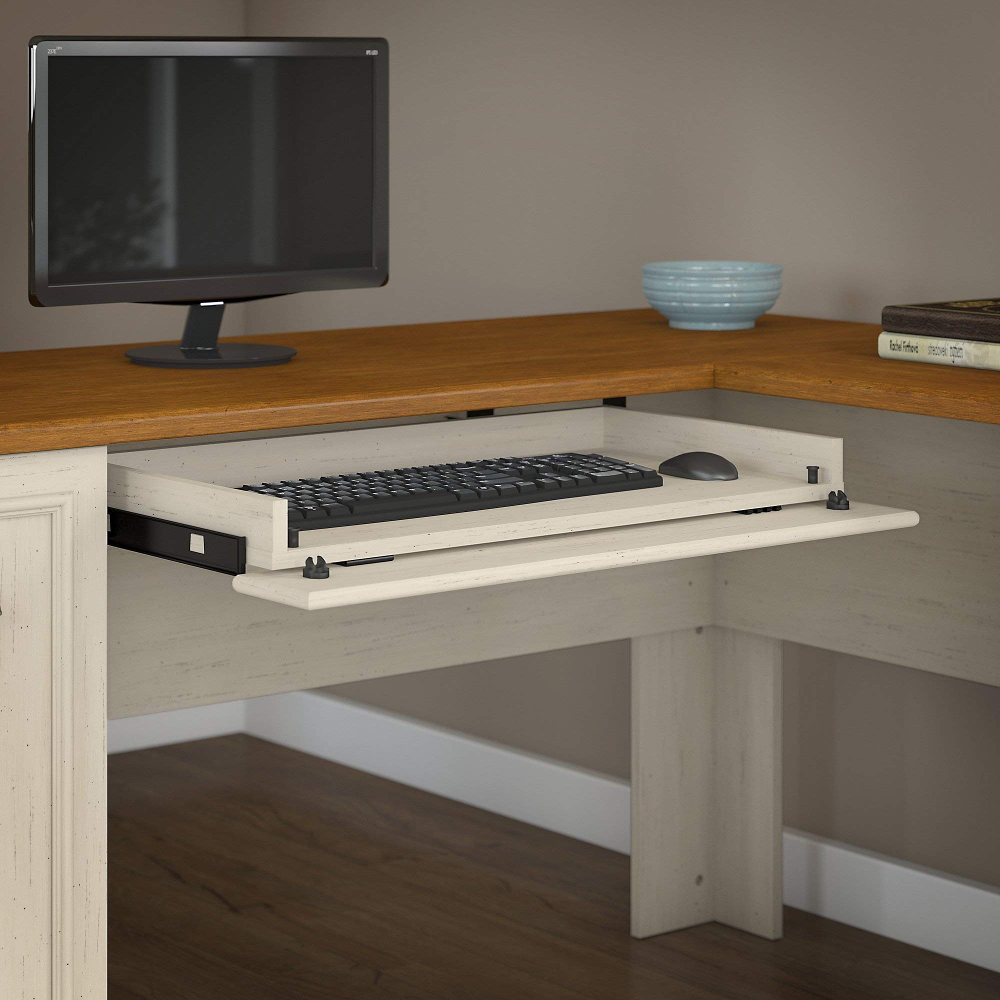 Bush Furniture Fairview 60W L Shaped Desk and Storage Cabinet with Drawer in Antique White and Tea Maple