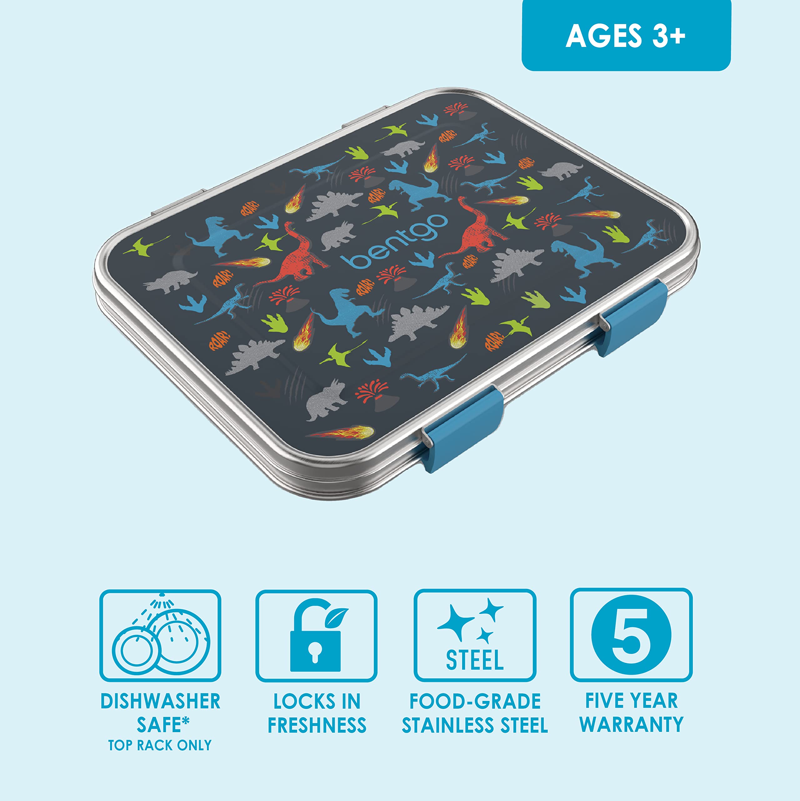 Bentgo® Kids Stainless Steel Prints Leak-Resistant Lunch Box - New Improved 2022 Bento-Style with Updated Latches, 3 Compartments & Bonus Container - Eco-Friendly, Dishwasher Safe, BPA-Free (Dinosaur)